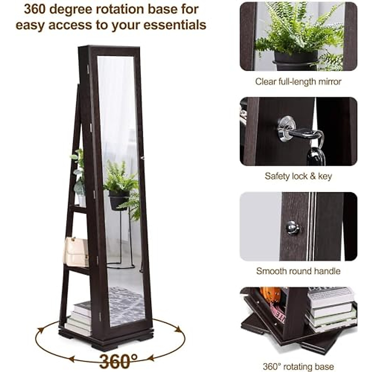 Titan Mall 360° Rotating Jewelry Cabinet Standing Jewelry Armoire with Full Length Mirror,Revolving Makeup Jewelry Holder Organizer Full Body Mirror,Large Stand Up Jewelry Box,Women Girl Gift,Brown