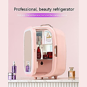 Doodran LED Mirror Beauty Mini Refrigerator for Bedroom Portable Compact Makeup Fridge to Skin Care Cosmetics Chill Perfect for Girls Woman,Pink