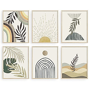 Howwii Boho Wall Art for Bedroom, Minimalist Boho Wall Decor Bathroom, Abstract Botanical Geometric Neutral Office Room Decor, Mid Century Modern Aesthetic Wall Art, Set of 6, 8"x10" Unframed