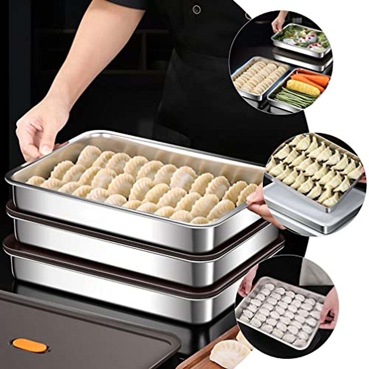 Yardwe Refrigerator Dumpling Box with Lid Stainless Steel Stackable Fridge Food Storage Containers Fresh Keeping Food Tray for Fruit Vegetables Bacon Meat Cheese Keeper