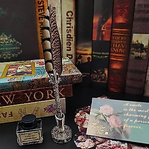 SHUEYEH Caligraphy Kits for Beginners, Feather Pen and Ink Set, Quill Pen X2, 10 Replacement Nibs, Silver Pen Stand, Antique Calligraphy Dip Pen with Black Ink (Pheasant+Turkey)