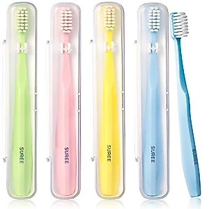 SUREE Extra Soft Toothbrush for Sensitive Teeth, Upgraded 10000 Bristles Nano Toothbrush, Ultra Soft Toothbrushes for Adults & Elders, Portable Manual Toothbrush with Individual Travel Case (4 Count)