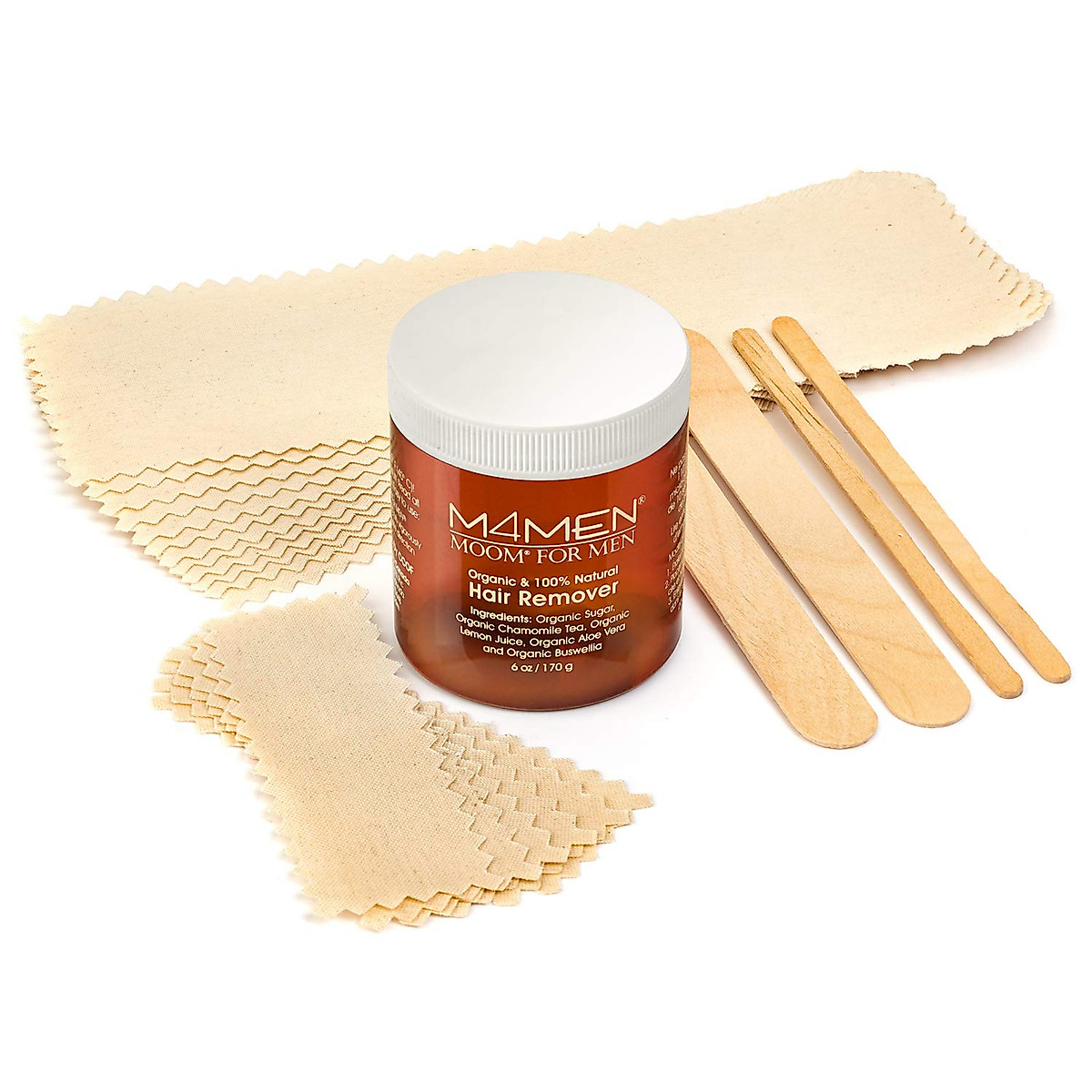 MOOM Organic Body Hair Removal for Men with Aloe Vera & Chamomile - Natural Sugar Wax Hair Removal Glaze with 18 Hair Wax Strips & 4 Applicator Sticks for Face & Body 6 oz. 1 Pack