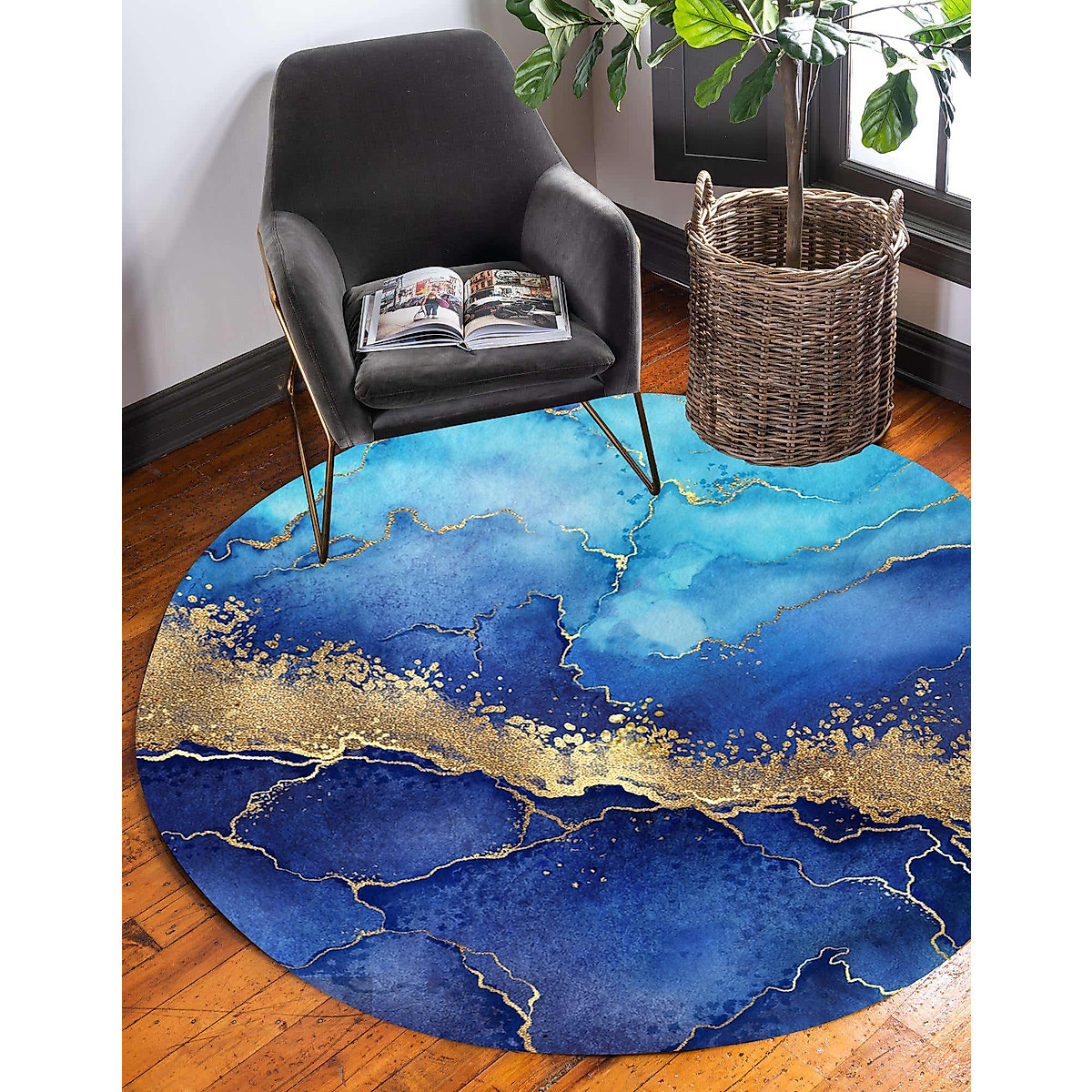 Turquoise Gold Marble Abstract Modern Round Area Rug for Livingroom Bedroom Ultra Soft Wool Circle Carpet Under Dining Table Office Circular Floor Rug 6ft