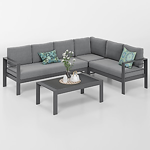 Solaste Aluminum Patio Furniture Set, Metal Patio Sectional Sofa with Imitation Wood Tabletop Coffee Table, Modern Outdoor Furniture Couch with Water-Resistant Cushion for Balcony Backyard, Grey