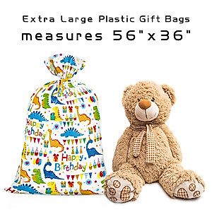 Loveinside Jumbo Large Plastic Gift Bag, Birthday Design Plastic Bag with Tag and Tie for Birthday Party, Graduation, Baby Shower - 56" x 36", 1 Pcs - Dinosaur
