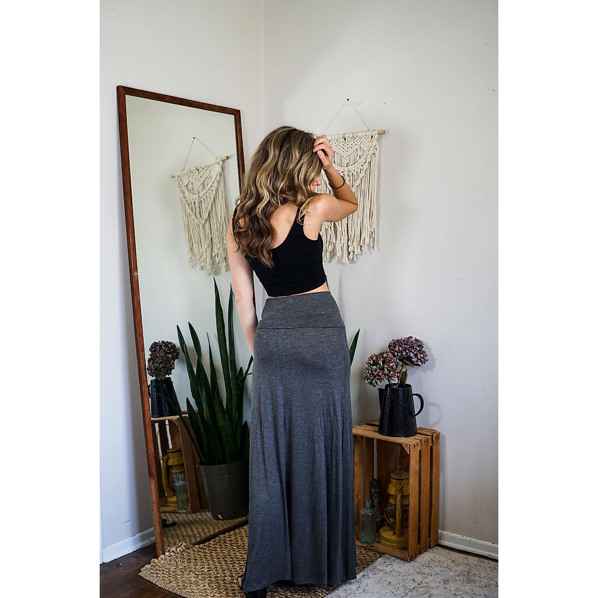 Free to Live 3 Pack Long Skirts for Women Fall Winter Flowy Maxi Skirt High Waist Fold Over (Large, Black, Charcoal, Mocha)