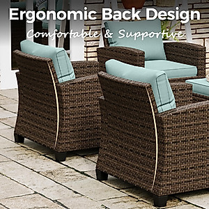 MIXPATIO Patio Furniture Set, 5 Pcs Wicker Outdoor Conversation Set, 2 x Single Chairs, 1 x 3 Seater Sofa and 2 x Ottoman with 4" Thick Cushion for Garden Backyard Deck, Blue