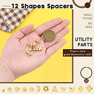 Wokape 60Pcs 12 Styles 18K Gold Plated Small Metal Beads Mixed Spacer Beads, Including Assorted Shapes, Butterfly Heart Star Flower Moon Crown Clover Triangular Beads for DIY Jewelry Making