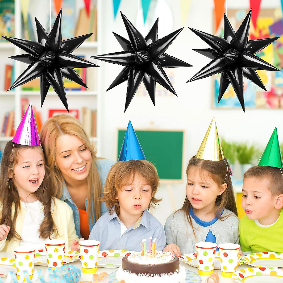 60 Pcs Black Star Balloons Explosion 12 Point Foil Cone Balloons Magic Starburst Balloons Large for Wedding Anniversary Backdrop Birthday Party Decorations