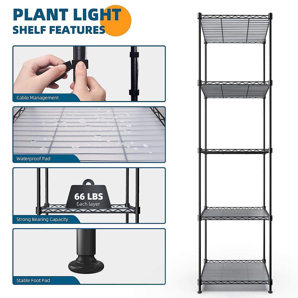 Barrina Plant Shelf with Grow Light, 5-Tier Plant Stand with 40W Ultra-Thin Grow Light Panel for Hydroponics, Seedlings, Succulents, Veg, Flowers & More, Timer Switch, 15.7" L x 11.8" W x 59.1" H