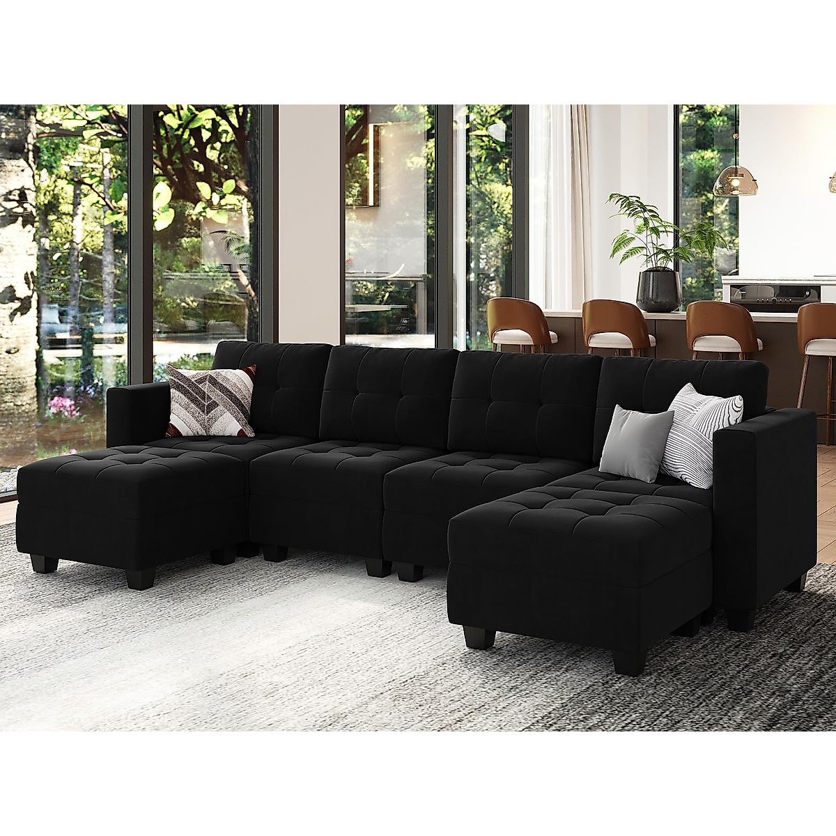 Belffin Modern U Shaped Modular Sectional Sofa with Storage Seats, 6 Seats Sleeper Couch with Reversible Chaise, Modular Oversized Sectional with Ottomans, Black