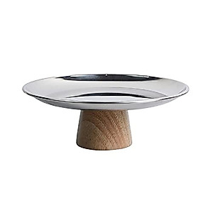 SUSOSU Breakfast Tray Stainless Steel Round Storage Tray with Wood Base Desktop Kitchen Serving Plate (Color : Small)