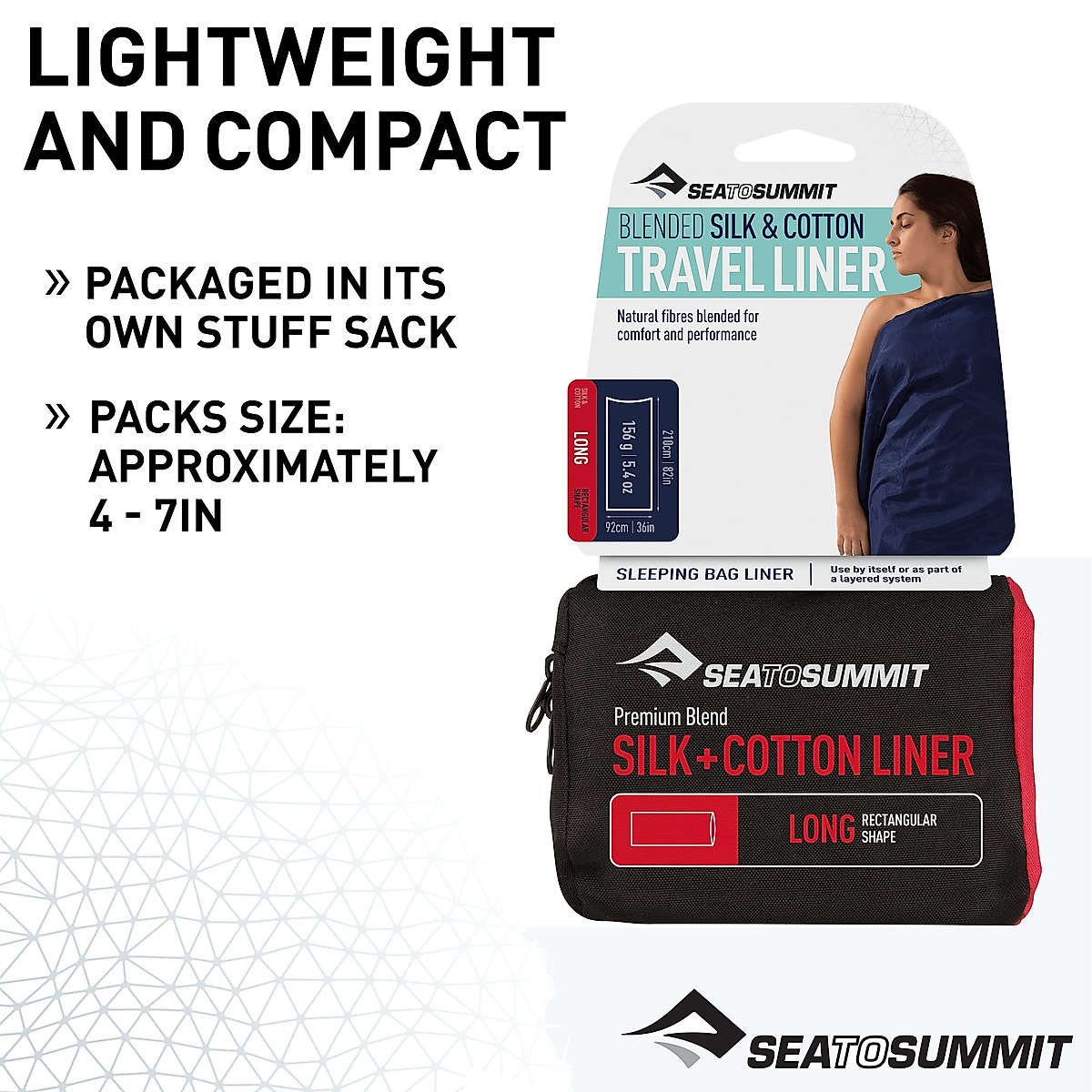 Sea to Summit Silk-Cotton Blend Travel and Sleeping Bag Liner, Rectangular - Long (82x36 inches)