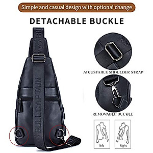 BULLCAPTAIN Genuine Leather Sling Bag with USB Charging Port Multi-pocket Chest Bag for Men Hiking Travel Daypack XB-129 (Black)