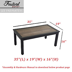 Festival Depot Patio Coffee Table Metal Table with Wood Grain Top Outdoor Furniture for Porch Garden (Rectangle)