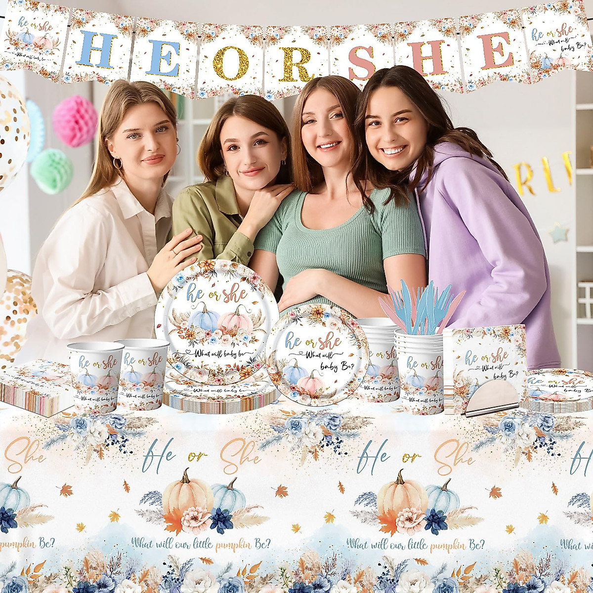 Pumpkin Gender Reveal Decorations Tableware, 142 Pcs Fall Gender Reveal Decorations includes He Or She What Will Our Pumpkin Be Plates and Fall Napkins, Pumpkin Gender Reveal for Fall Baby Shower