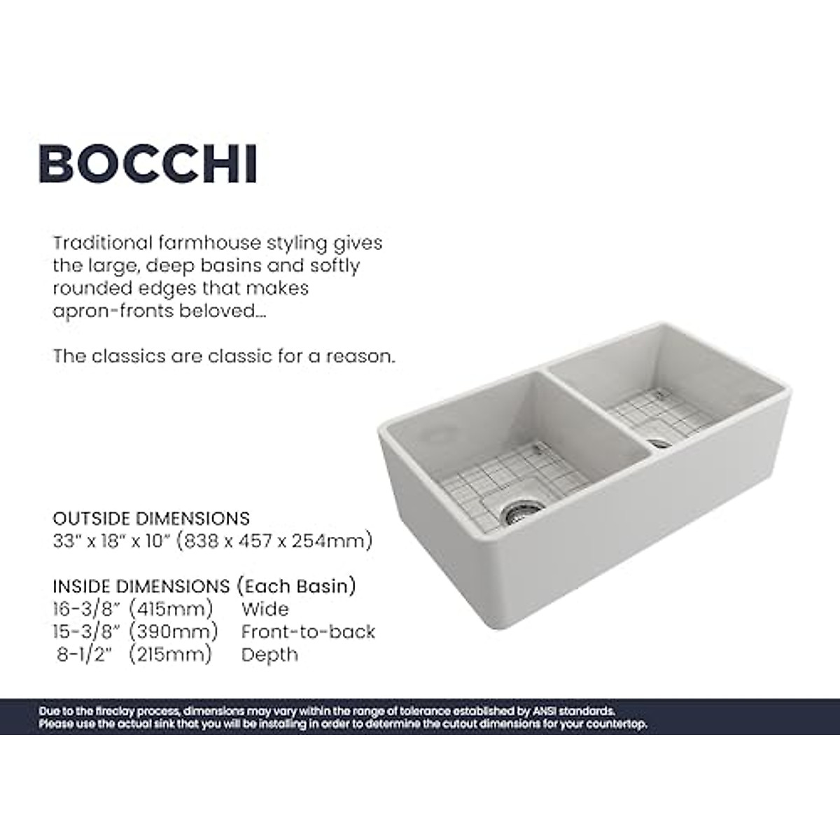 BOCCHI Classico Farmhouse Apron Front Fireclay 33 in. Double Bowl Kitchen Sink with Protective Bottom Grid and Strainer in White