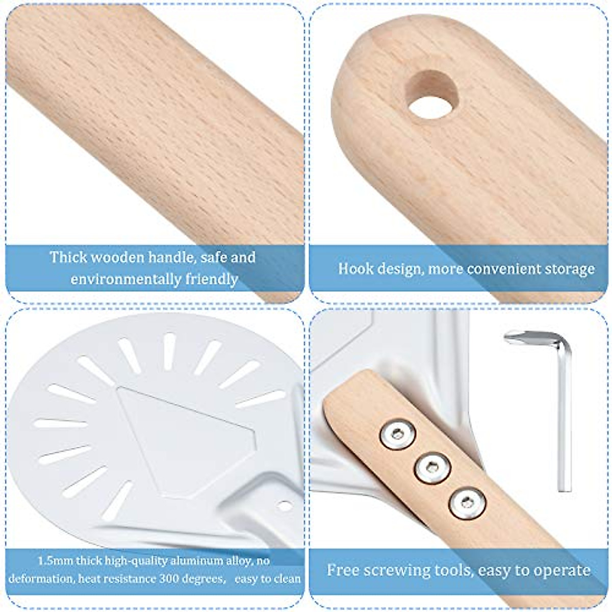 Round Perforated Pizza Peel Non-slip Durable Aluminum Turning Peel Pizza Paddle with 16 Inch Anti-Scalding Wooden Handle for Homemade Pizza Bread Bakers (7 Inch)