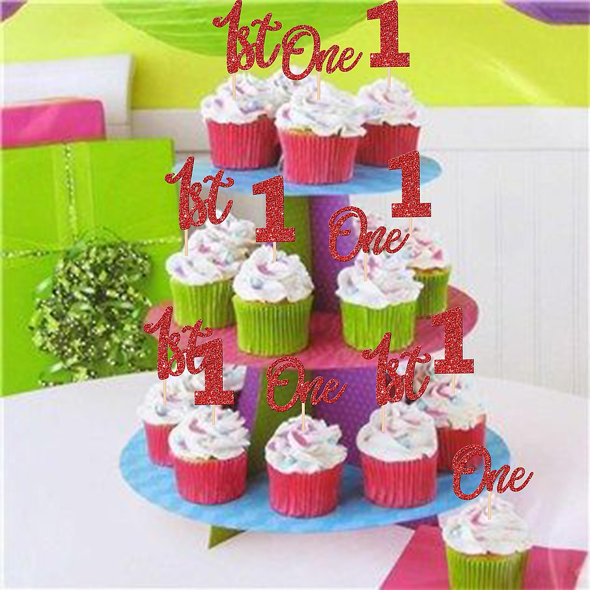 24 PCS One Cupcake Toppers Glitter 1st Birthday Cupcake Picks Number 1 First Birthday One Cake Decorations for Baby Shower Kids 1st Birthday Anniversary Party Supplies Red