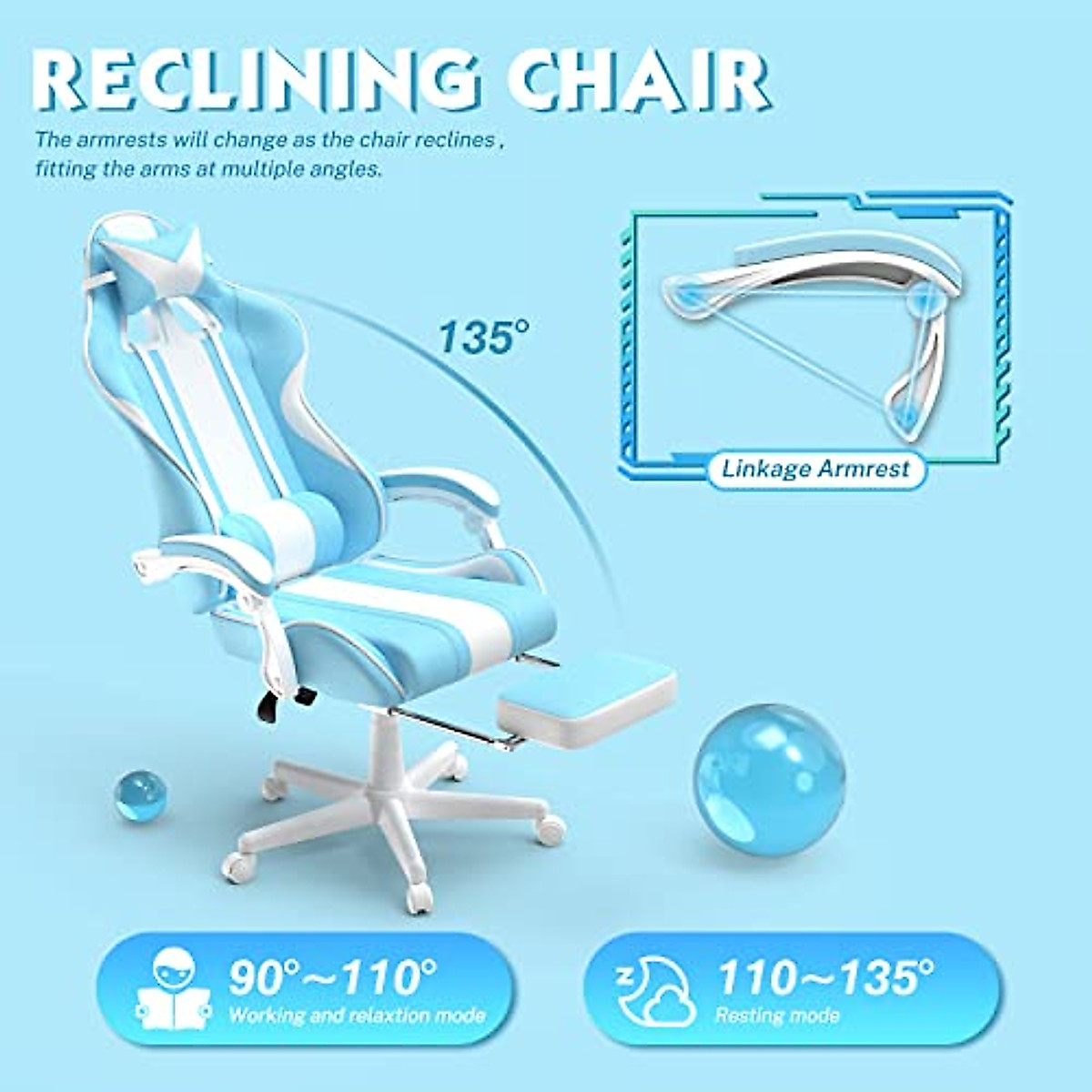 Ferghana Light Blue Gaming Chair with Bunny Ear, Cute Massage Gaming Chairs for Adults & Teens, Office PC Gamer Chair with Footrest, Kawaii Computer Game Chair for Girls, Racing Reclining Silla Gamer