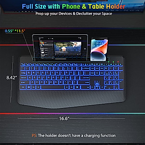 SABLUTE Wireless Keyboard with 7 Colored Backlits, Wrist Rest, 2.4G Computer Gaming Keyboard with Phone Holder, Rechargeable Full Size Ergonomic Keyboard with Silent Keys for MacBook, PC, Laptop