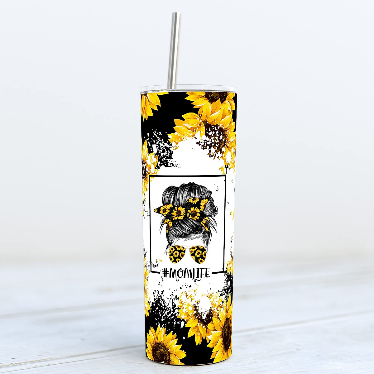 YouNique Designs Sunflower Mom Coffee Tumbler with Straw and Lid, 20 Oz, Insulated Stainless Steel Skinny Tumbler for Women, Mama Tea Tumbler, Mom Life Water Tumbler Cup