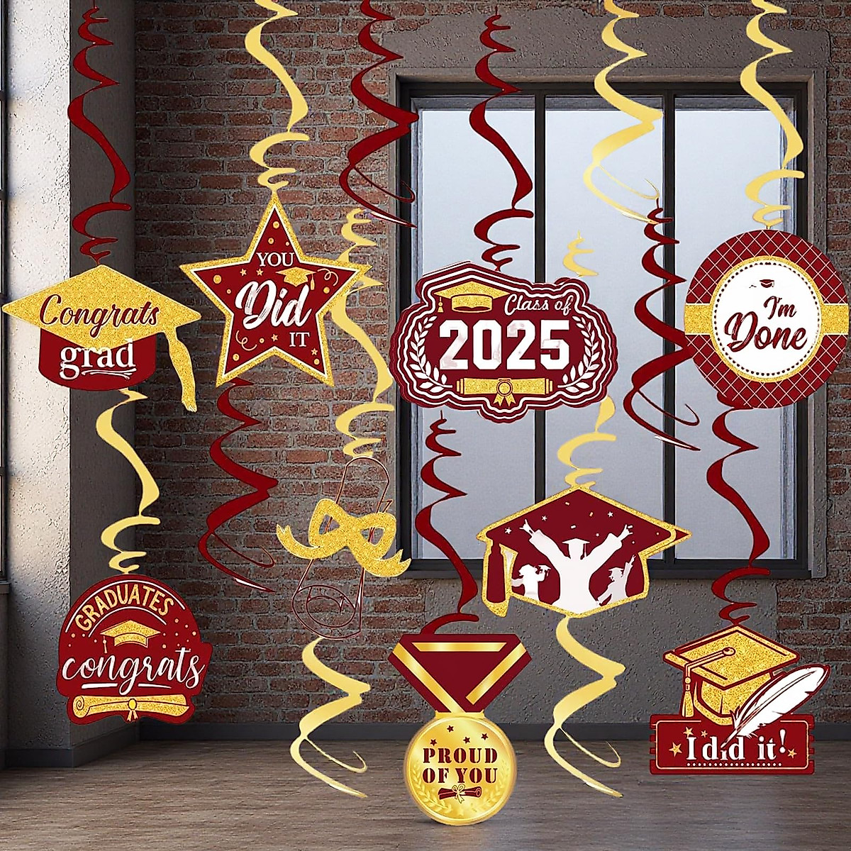 Graduation Party Decorations 2023 Maroon Gold FSU Graduation Graduation Party Supplies Accessories Burgundy Gold Hanging Swirls 15pcs Class of 2023 Maroon Gold for Background Ceiling Home Classroom Graduation Decorations