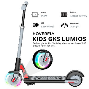 HOVERFLY GKS Lumios Kids Electric Scooter, 6" LED Flash Wheel & Deck Lights, Max 7.5mph Power by 150W Motor and 6.25 Miles, Scooter for Kids Ages 6-12, Gray