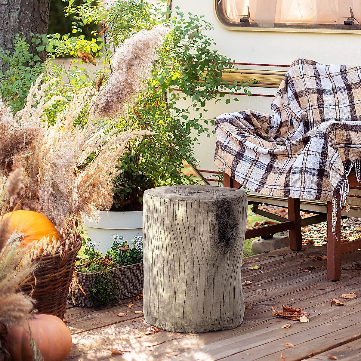 SUNBURY Stump Side Table, Concrete Side Table Coffee Table Log Table,Patio Faux Wooden End Table, Light Grey Stool Prop Plant Stand Holder for Garden Household Living Room