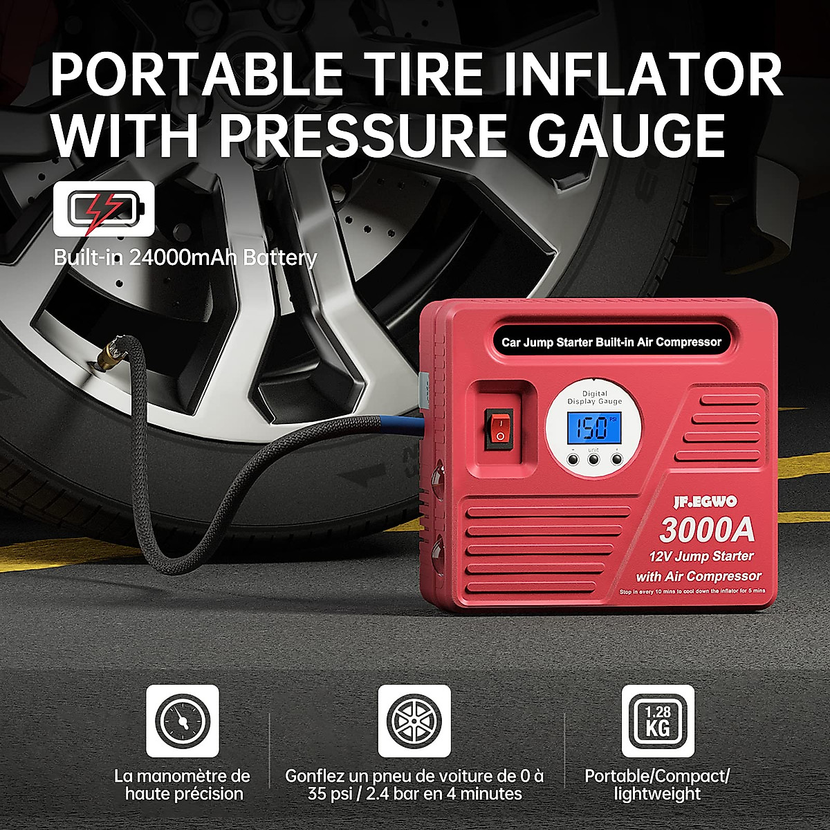 3000Amp Car Jump Starter with Air Compressor, 150PSI Tire Inflator with Digital Screen Pressure Gauge, 24000mAh 12V Auto Battery Booster (9.0L Gas/ 8.5LDiesel Engine), 2 USB Port 2 Light