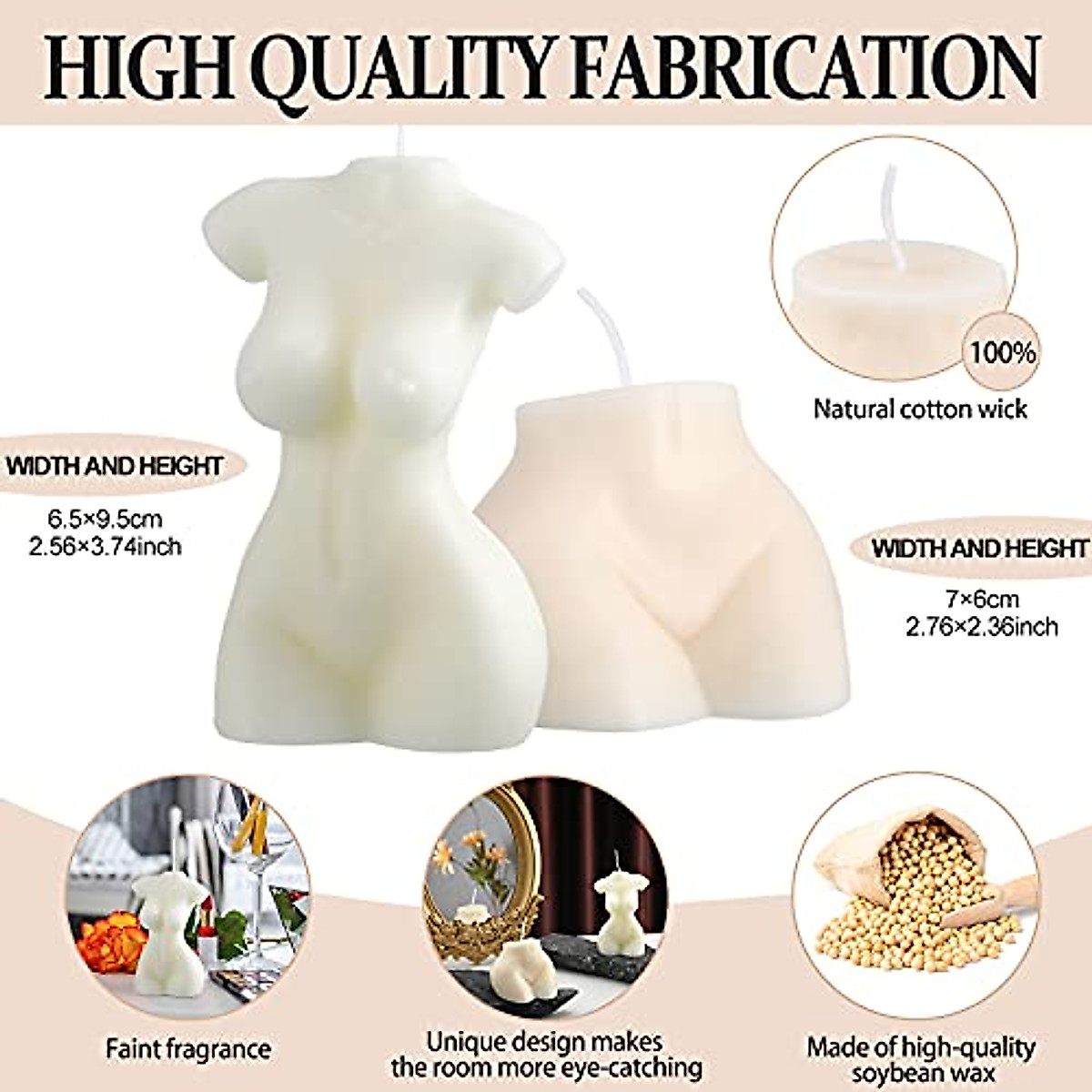 2 Pieces Body Soy Candles Torso Aesthetic Candle Bubble Candle Body Shaped Candles Female Body Candle Bottom Shaped Candles for Living Room Bedroom Bathroom Home Table Decoration (White)