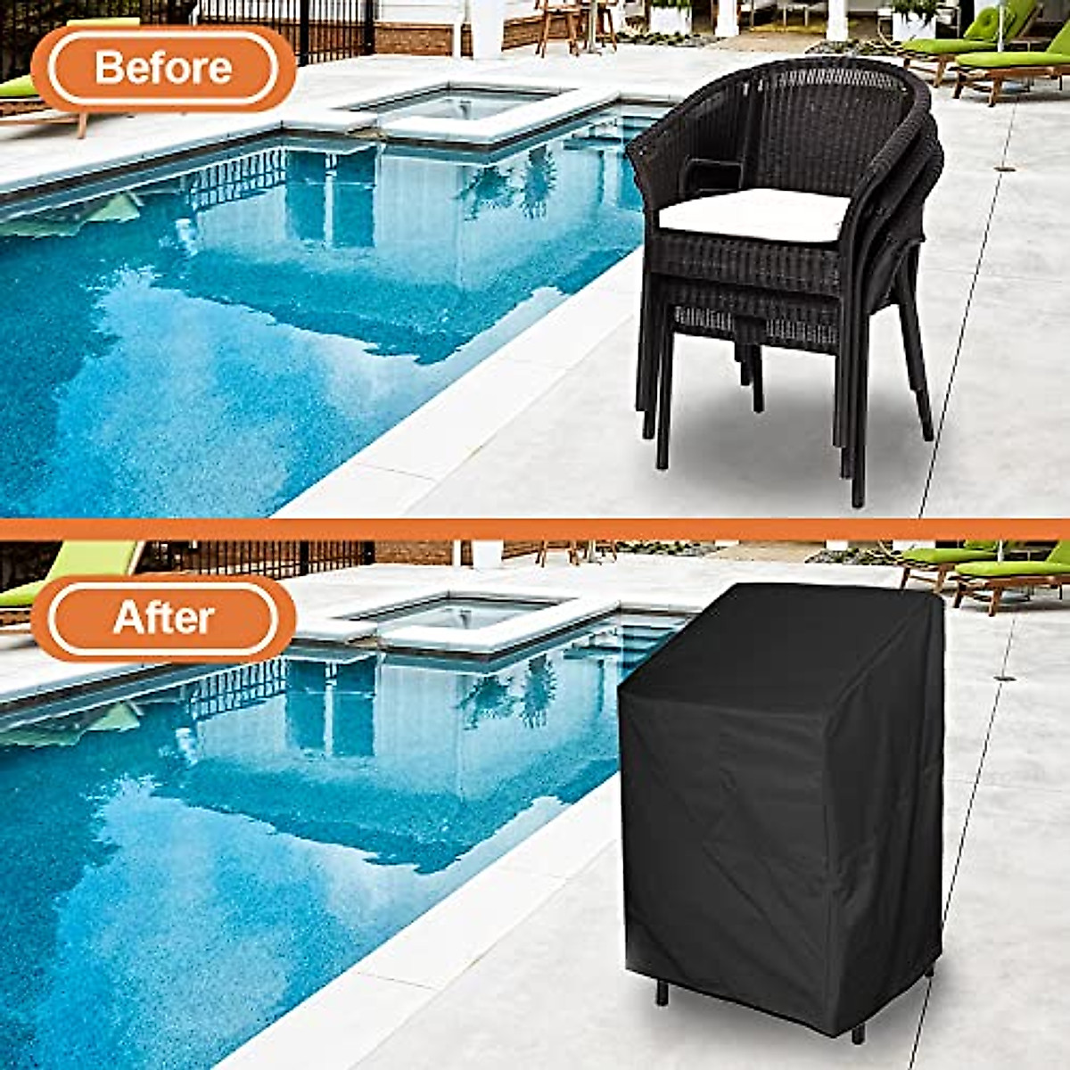Patio Stackable Chair Cover, Garden Pool Deck Stacked Chair Waterproof Furniture Protector for 4-6 Stacks of Stools, 34"L x 26"W x 46"H