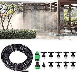 Kadaon 10m Home Garden Patio Misting Micro Flow Drip Irrigation Misting Cooling System with 10pcs Plastic Mist Nozzle Sprinkler for Plant Flower