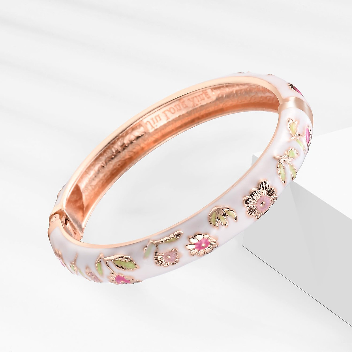 UJOY Bangles 5 Pcs Enamel Jewelry Set Rose Gold Flower Engraved Cloisonne Bracelets Pack in a Box 5PCS Blue White