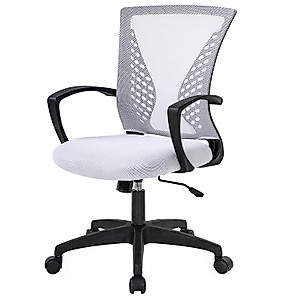 Home Office Chair Mid Back PC Swivel Lumbar Support Adjustable Desk Task Computer Ergonomic Comfortable Mesh Chair with Armrest (White)