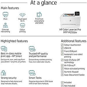 HP Color Laserjet Pro M255dw Single-Function Wireless Laser Printer, White - Print only - 2.7" Color Touchscreen, 22 ppm, 600 x 600 dpi, 8.5 x 14, Auto Duplex Printing, Ethernet