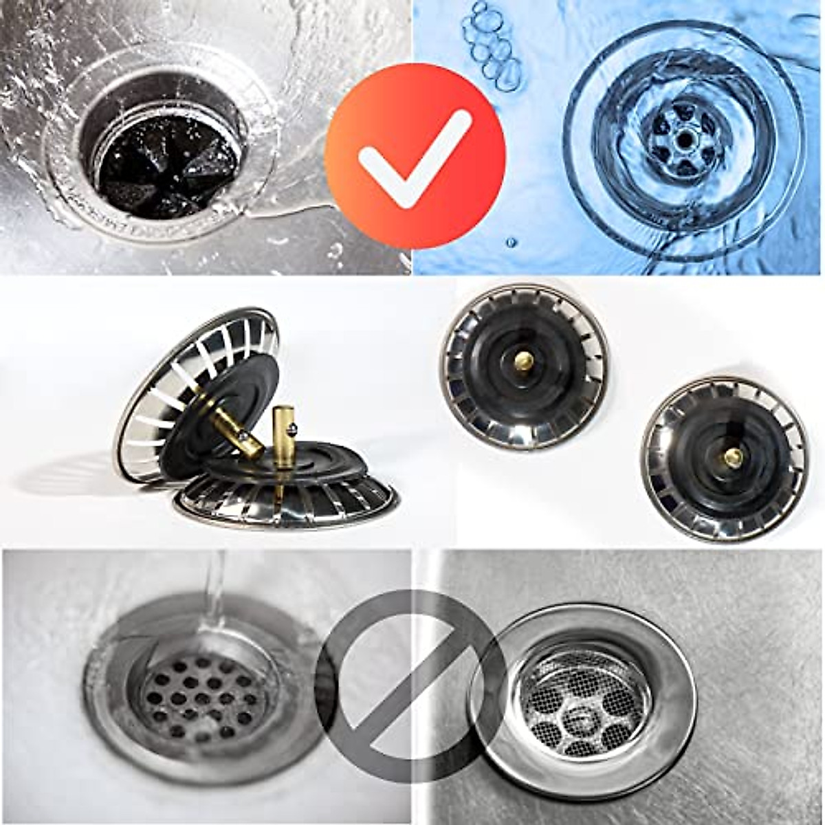 2 Pcs Kitchen Sink Strainer, Stopper Combo Basket Replacement for Standard 3-1/2 inch Drain, Stainless Steel Body with Plastic Knob, Rubber Stopper Bottom