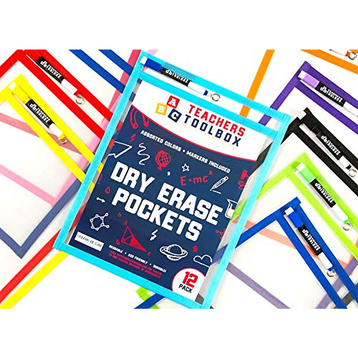 Dry Erase Pockets 12pc [10” x 13”] +Free PENS +Bonus 900 Downloadable Worksheets! Write and Wipe Reusable Plastic Sheet Protectors for Classroom Organization & Teaching Supplies by Teachers Toolbox
