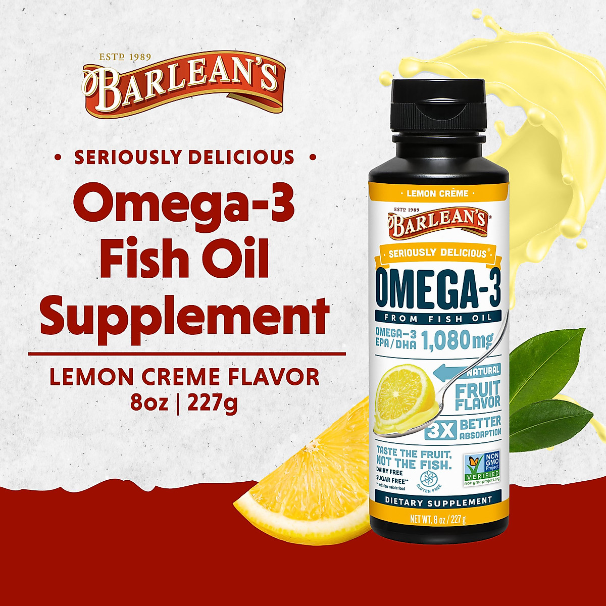 Barlean's Lemon Crème Omega 3 Fish Oil Liquid Supplement, 1080mg of Omega 3 EPA & DHA Fatty Acid, Smoothie Flavored & Burpless for Brain, Joint, & Heart Health, 8 oz