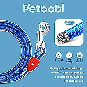 Petbobi 30ft Tie Out Cable for Dog with Durable Spring and Metal Swivel Hooks for Outdoor, Yard and Camping, Rust- Proof Training Tether for Small to Medium Dogs Up to 120 Pounds, Blue