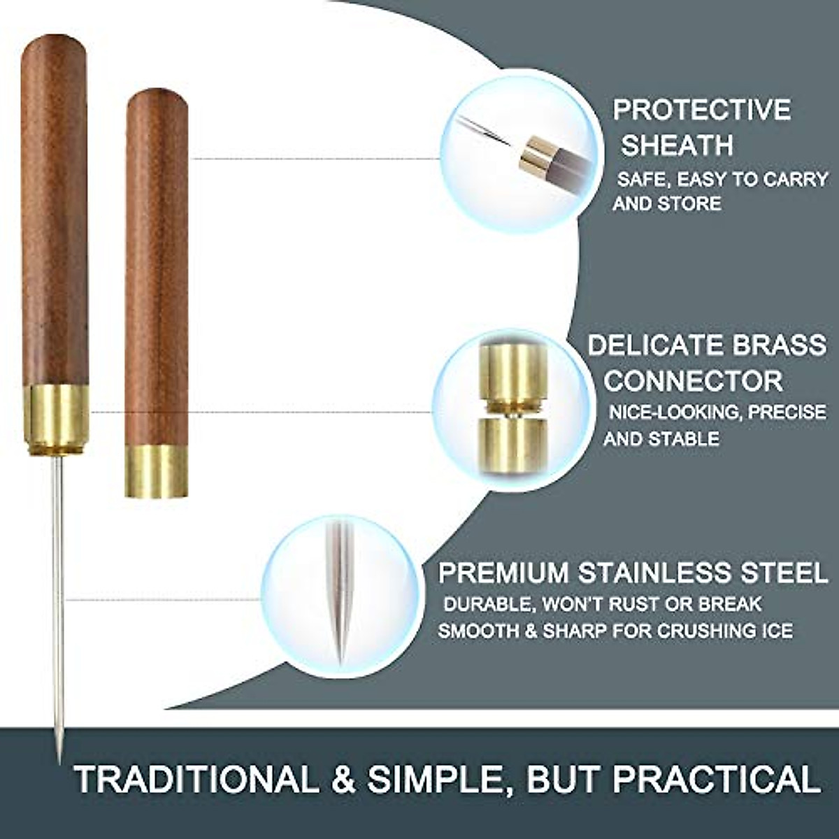 Ice Picks in Gift Box - Premium Stainless Steel Ice Picks Kitchen Tool with Wooden Handle Safety Cover Portable for Bars Restaurant Home Bartender Picnics Camping, 1PCS (RoseWood 6.7")