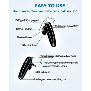Ybtoo Bluetooth Headset, V5.1 Ultralight Wireless Handsfree Earpiece Cell Phone with Noise Cancellation Microphone for iPhone Android Samsung Laptop Trucker Driver