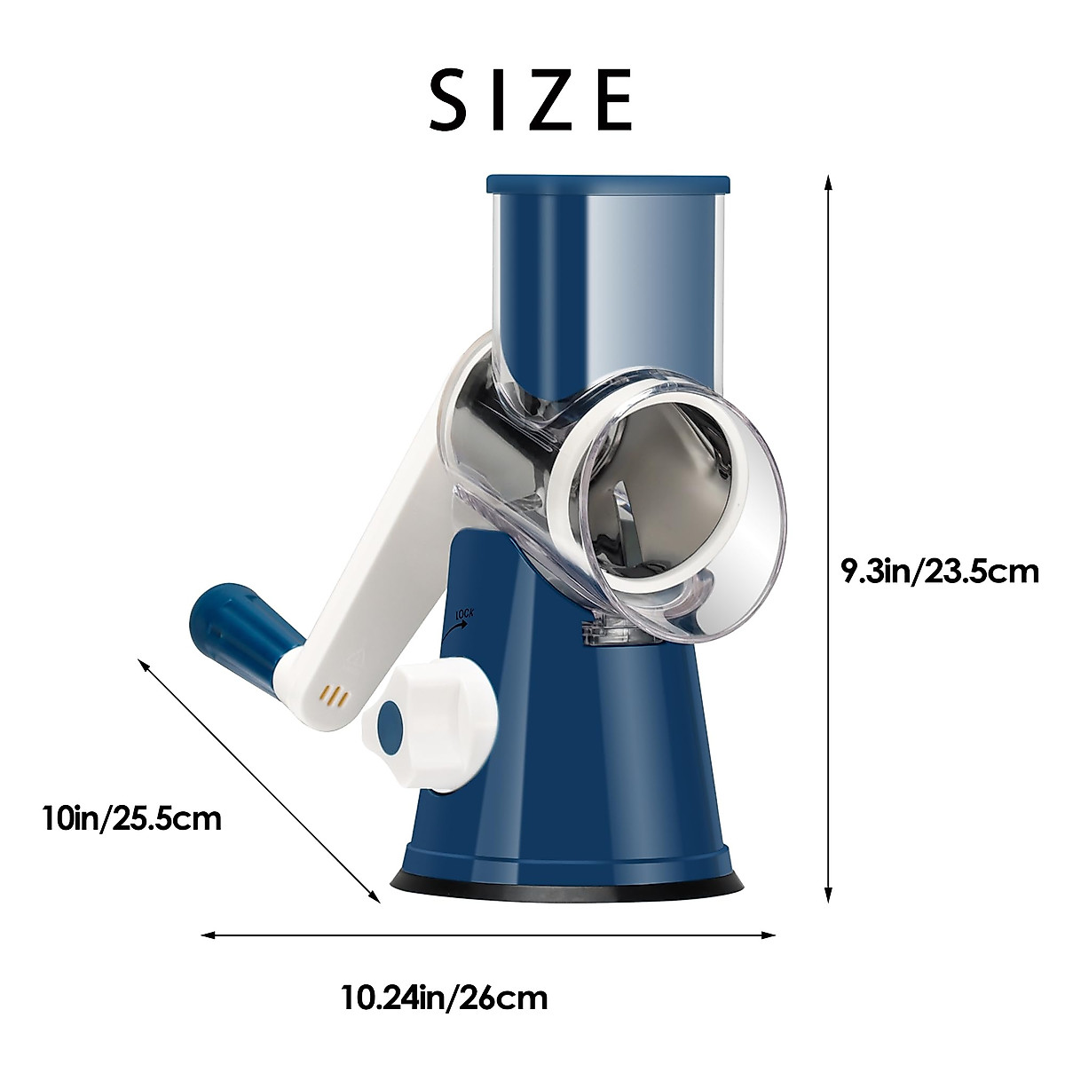 Rotary Cheese Grater Round Mandolin Slicer, Ourokhome Handheld Hashbrown Shredder with 3 Drum Blades, Kitchen Manual Speed Walnut Grinder for Potato, Carrot, Vegetables, Nuts, Zucchini (Dark Blue)