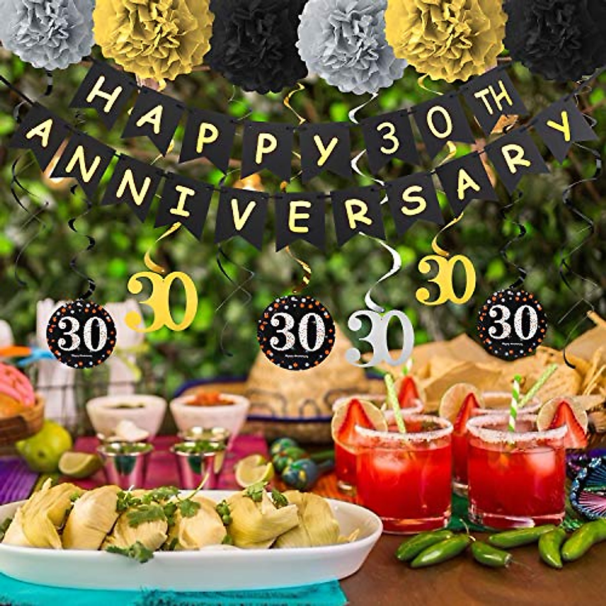 Yoaokiy 30th Anniversary Party Decorations Kit, 30th Wedding Anniversary Decorations Supplies, Including Gold Happy 30th Anniversary Banner / 9Pcs Hanging Swirl / 6Pcs Poms