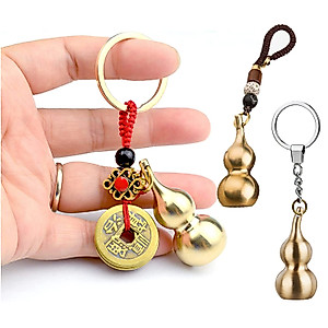 3 Pieces Gourd Brass Keychains,Feng Shui Luck Coins with Brass Calabash Wu Lou Key Ring for Good Luck , Wealth Success & Longevity , Blessing Paper in it, Gold, 2x2x4 inches