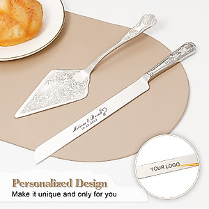 TUKDAK Silver Cake Knife and Server Set, Personalized Cake Cutting Set For Wedding, Cake Cutter Pie Pizza Server Set, Engraved Cake Serving Set for Anniversary Birthday Party Gift (Silver)