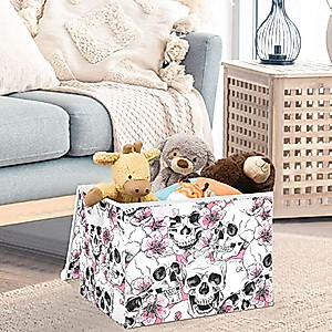 CaTaKu Skull Pink Cherry Storage Bins with Lids and Handles, Fabric Large Storage Container Cube Basket with Lid Decorative Storage Boxes for Organizing Clothes