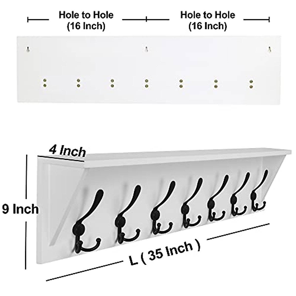 Dseap Coat Rack Wall Mounted Shelf with 7 Tri Hooks 35” Heavy Duty Wood Entryway Shelf with Hooks, Coat Hanger Shelf, White