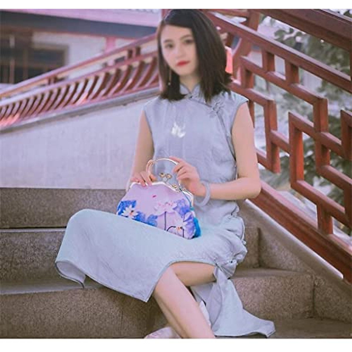 ZLXDP Women's Ethnic Style Antique Handbag with Tassel kiss Lock Women's Flower Handbag